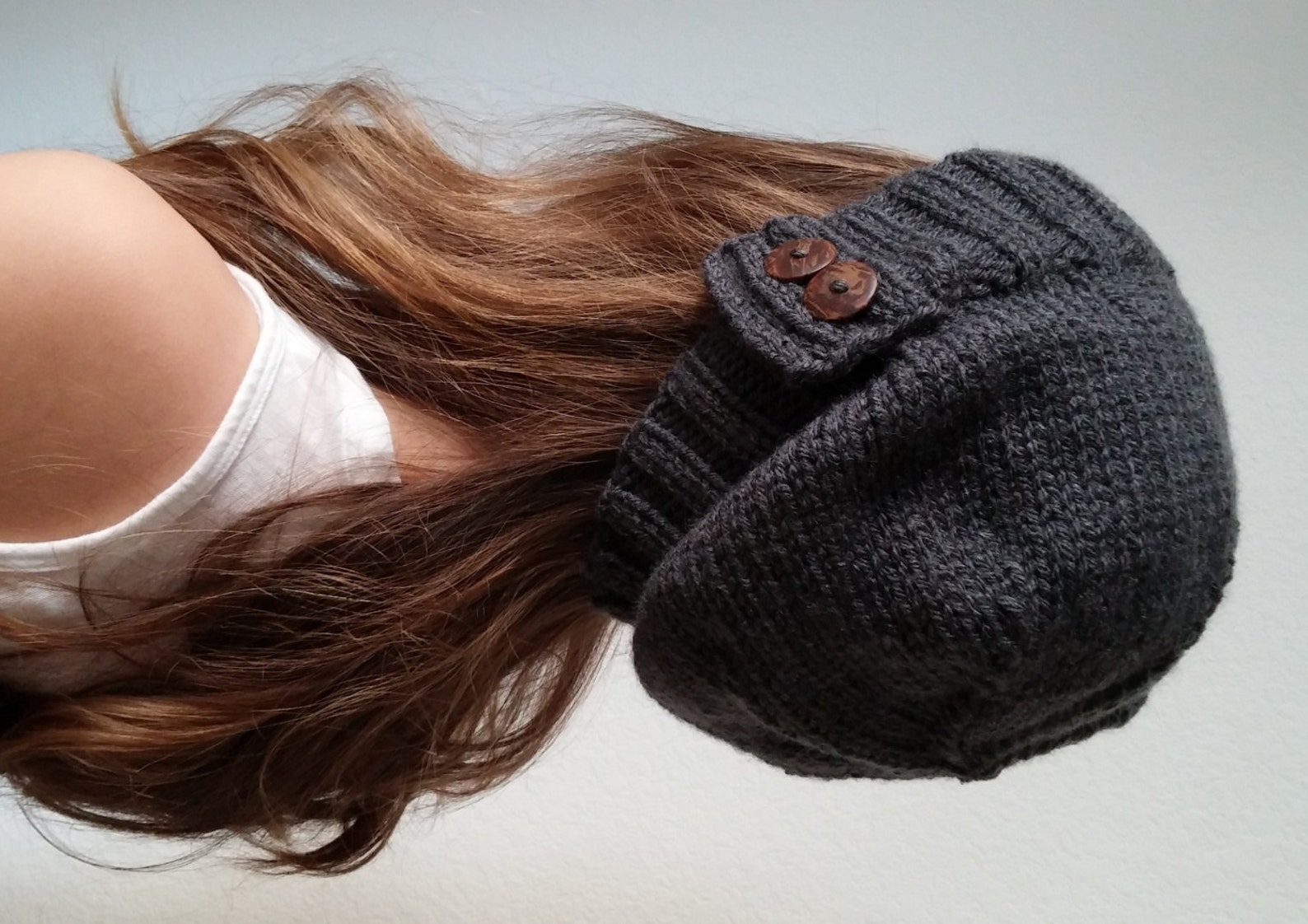 Knit slouchy hat with button/s OATMEAL more colors | Etsy