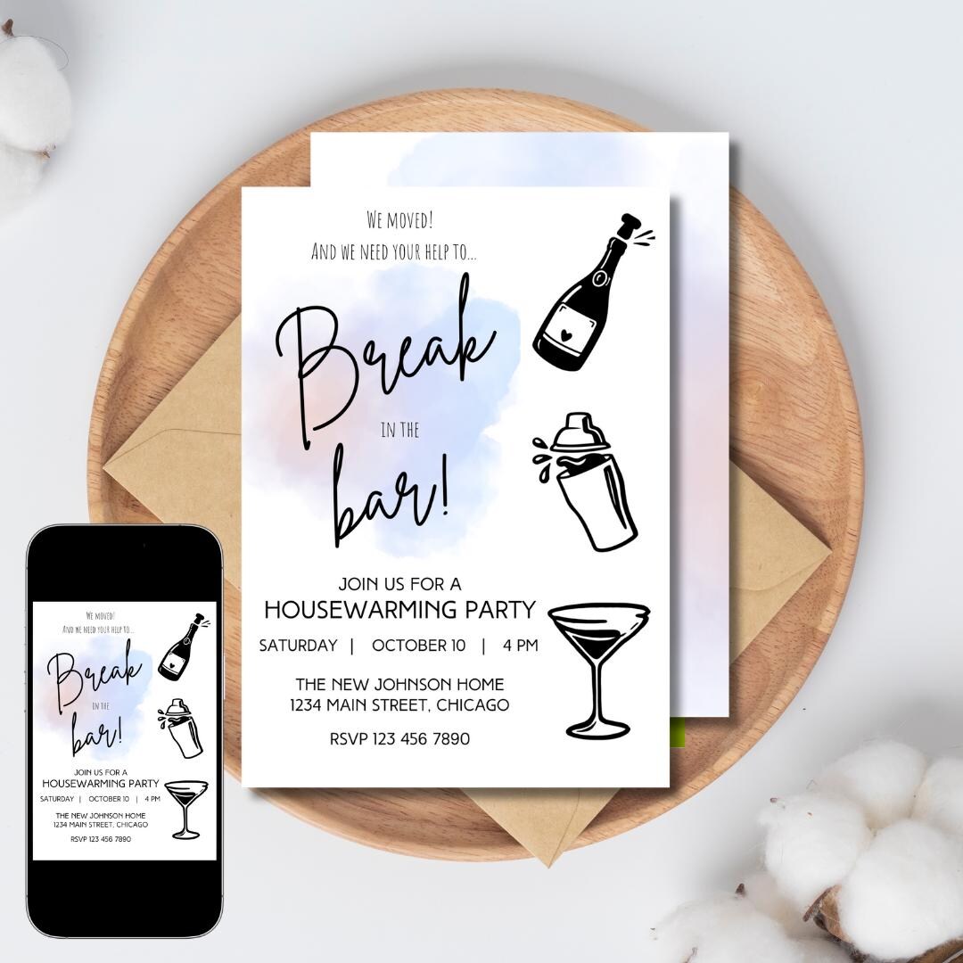 Break in the Bar Housewarming Invitation | Editable Canva Template ...