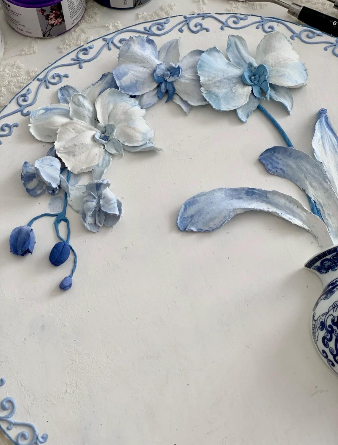 Blue and White Porcelain Orchid Relief | 3D Sculptural Paste Art ...
