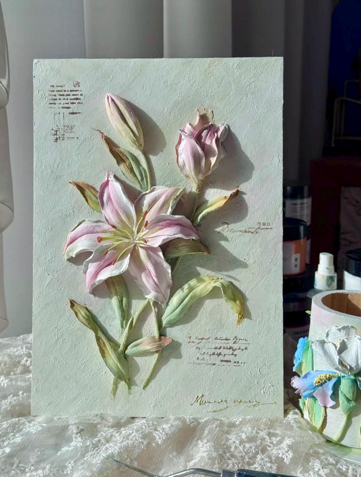 3D Lily Wall Art, Sculptural Paste Floral Painting, Handmade Textured ...