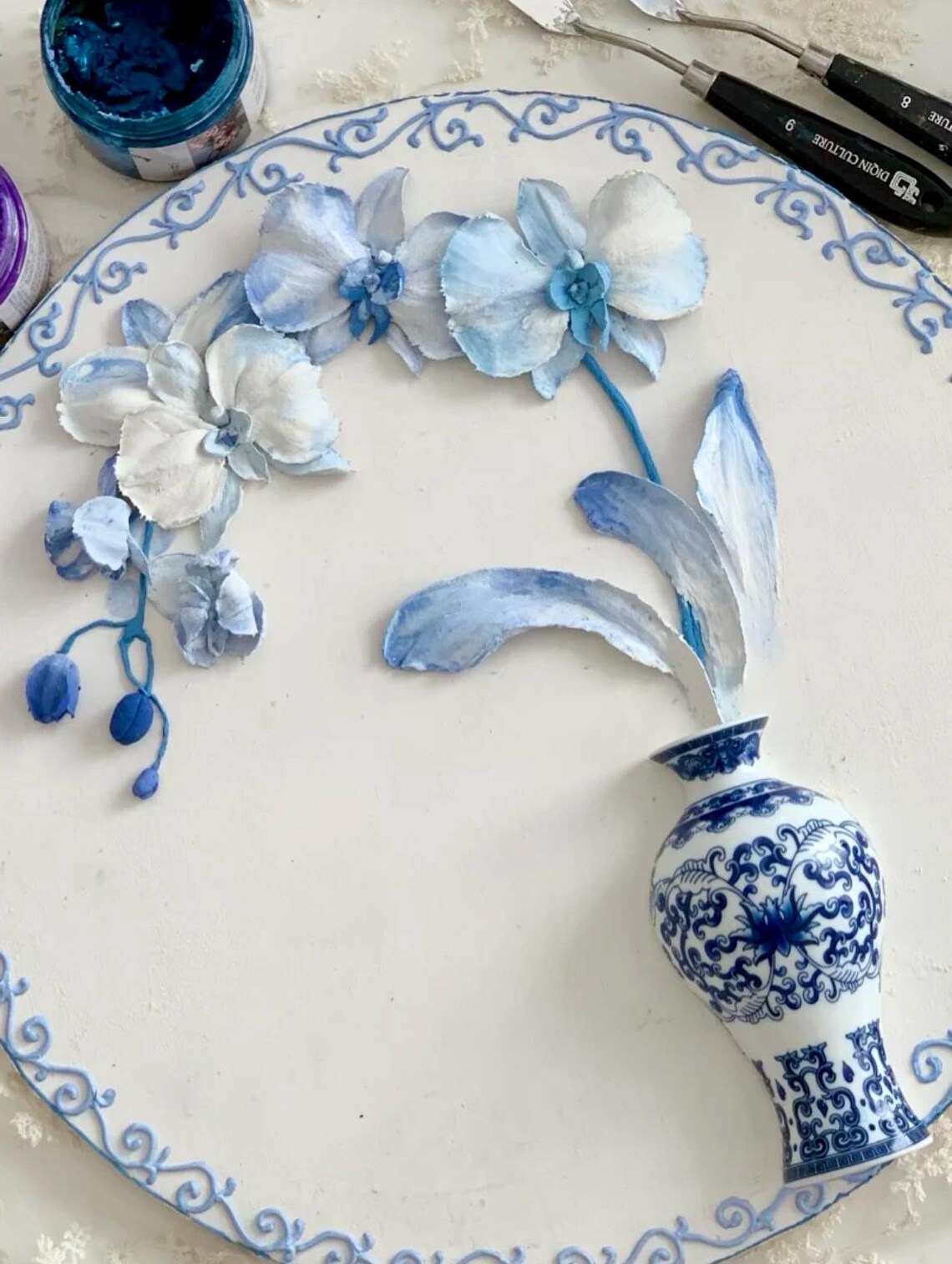 Blue and White Porcelain Orchid Relief | 3D Sculptural Paste Art ...