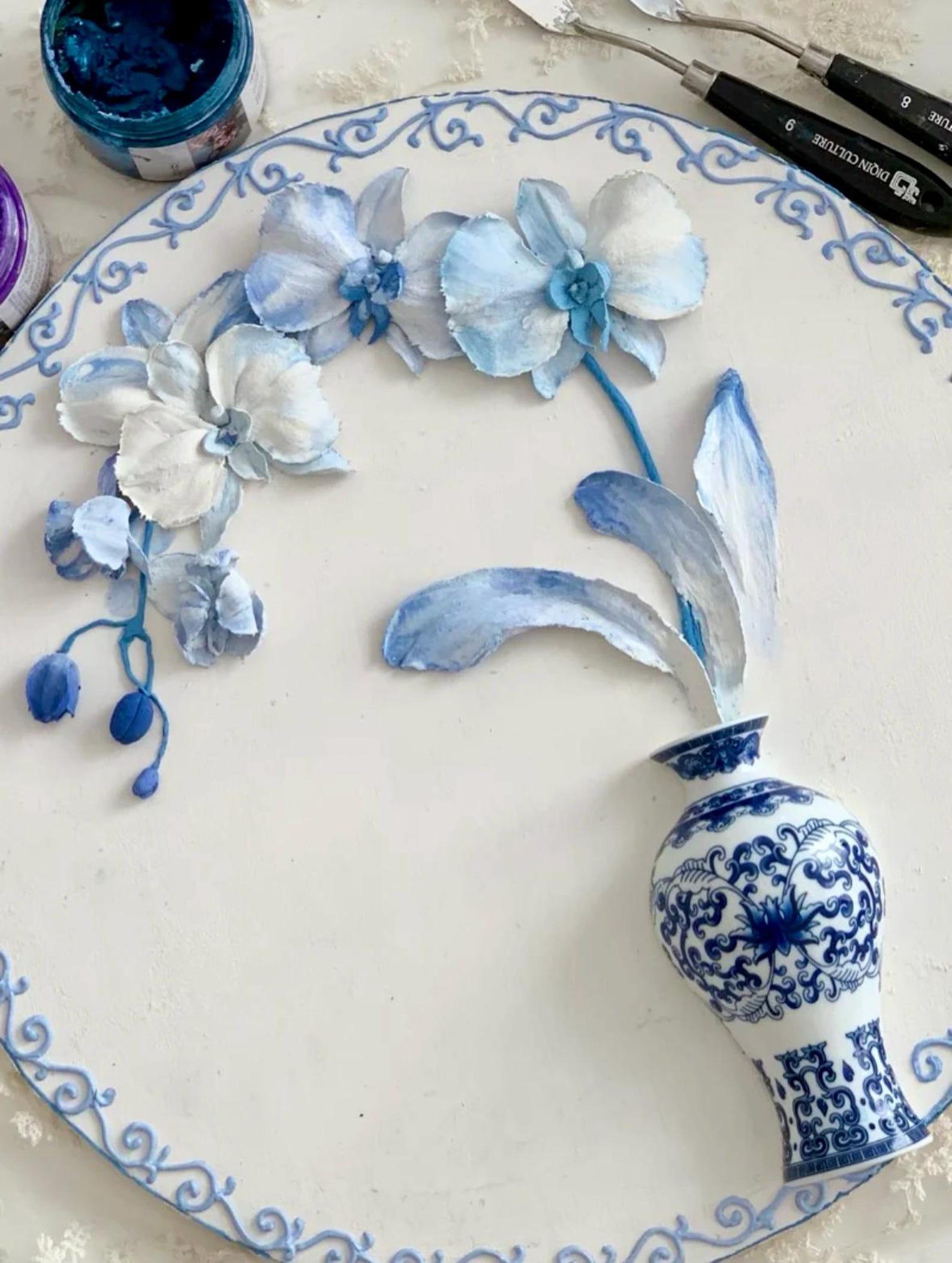 Blue and White Porcelain Orchid Relief | 3D Sculptural Paste Art ...