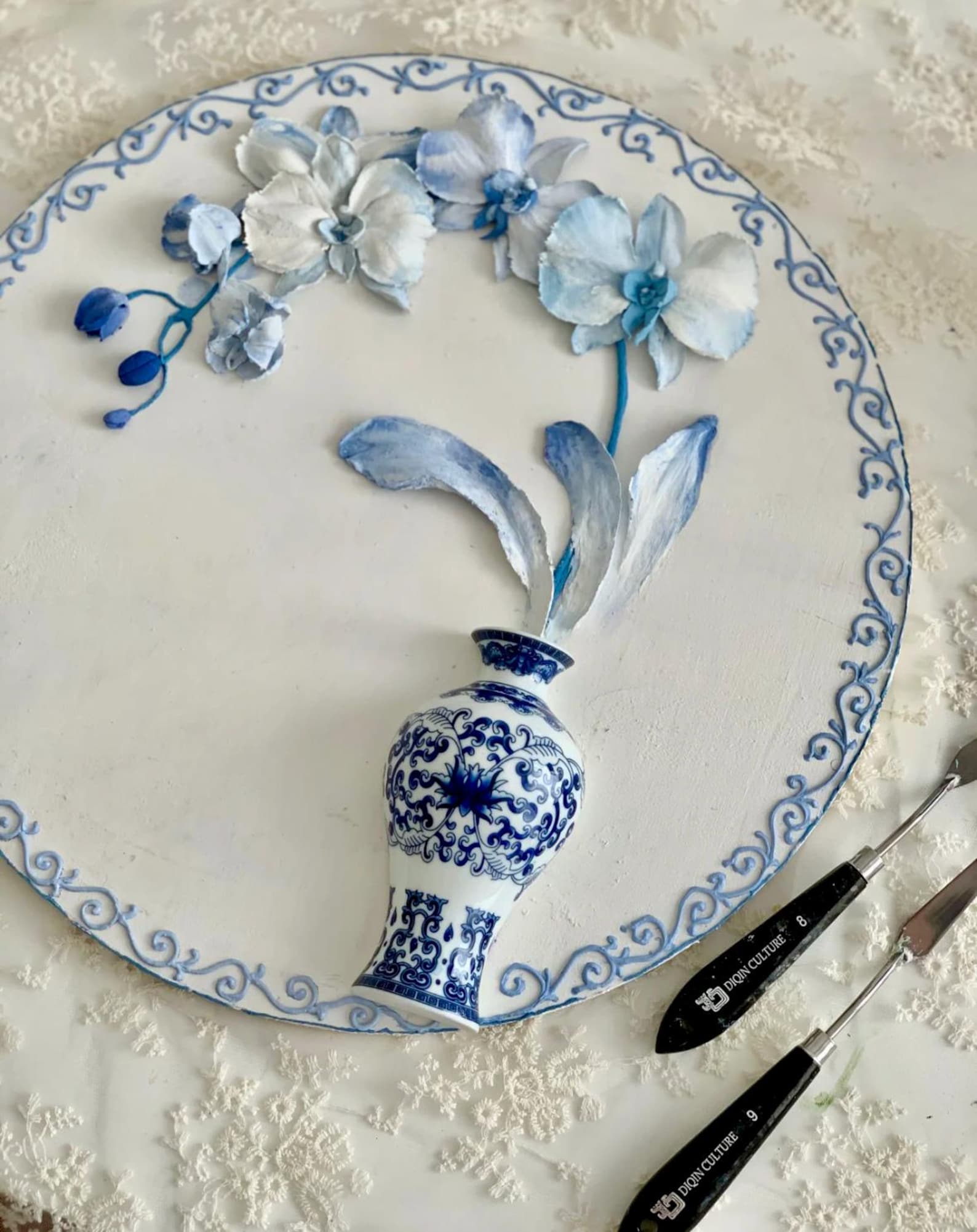 Blue and White Porcelain Orchid Relief | 3D Sculptural Paste Art ...