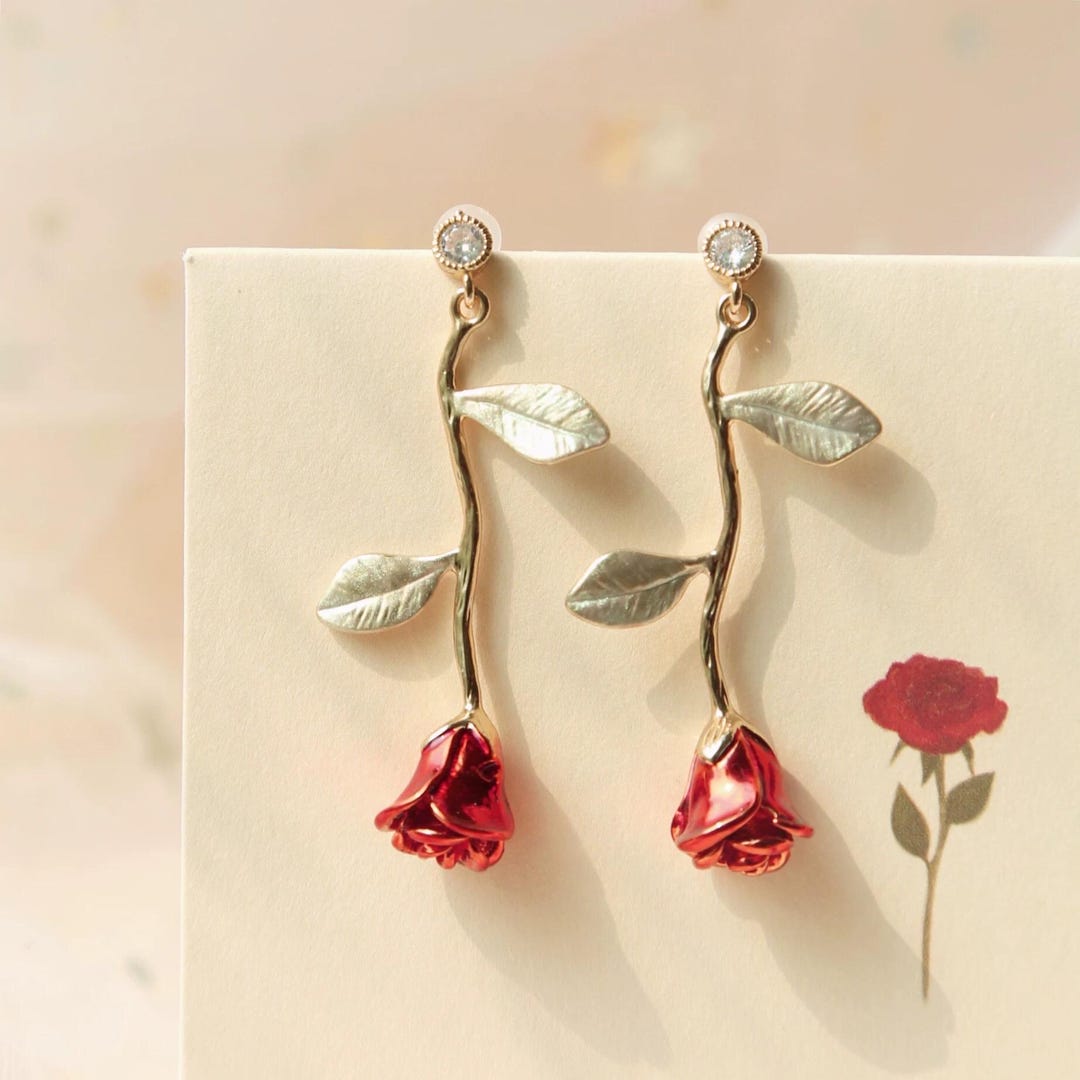Little Prince Red Rose Earrings, Enamel Red Rose Drop Earrings, 925 ...