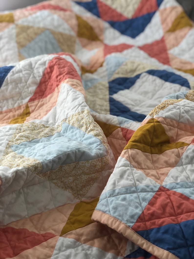 Handmade Cotton Lap Quilt: Peach, Coral, and Yellow Crib Quilt (48x48 ...