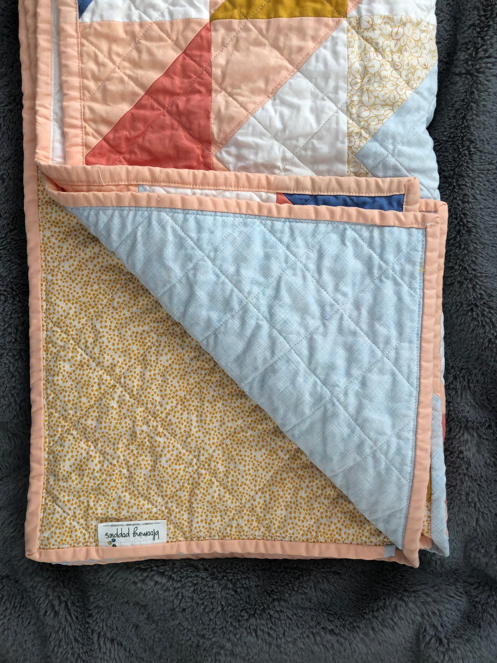 Handmade Cotton Lap Quilt: Peach, Coral, and Yellow Crib Quilt (48x48 ...