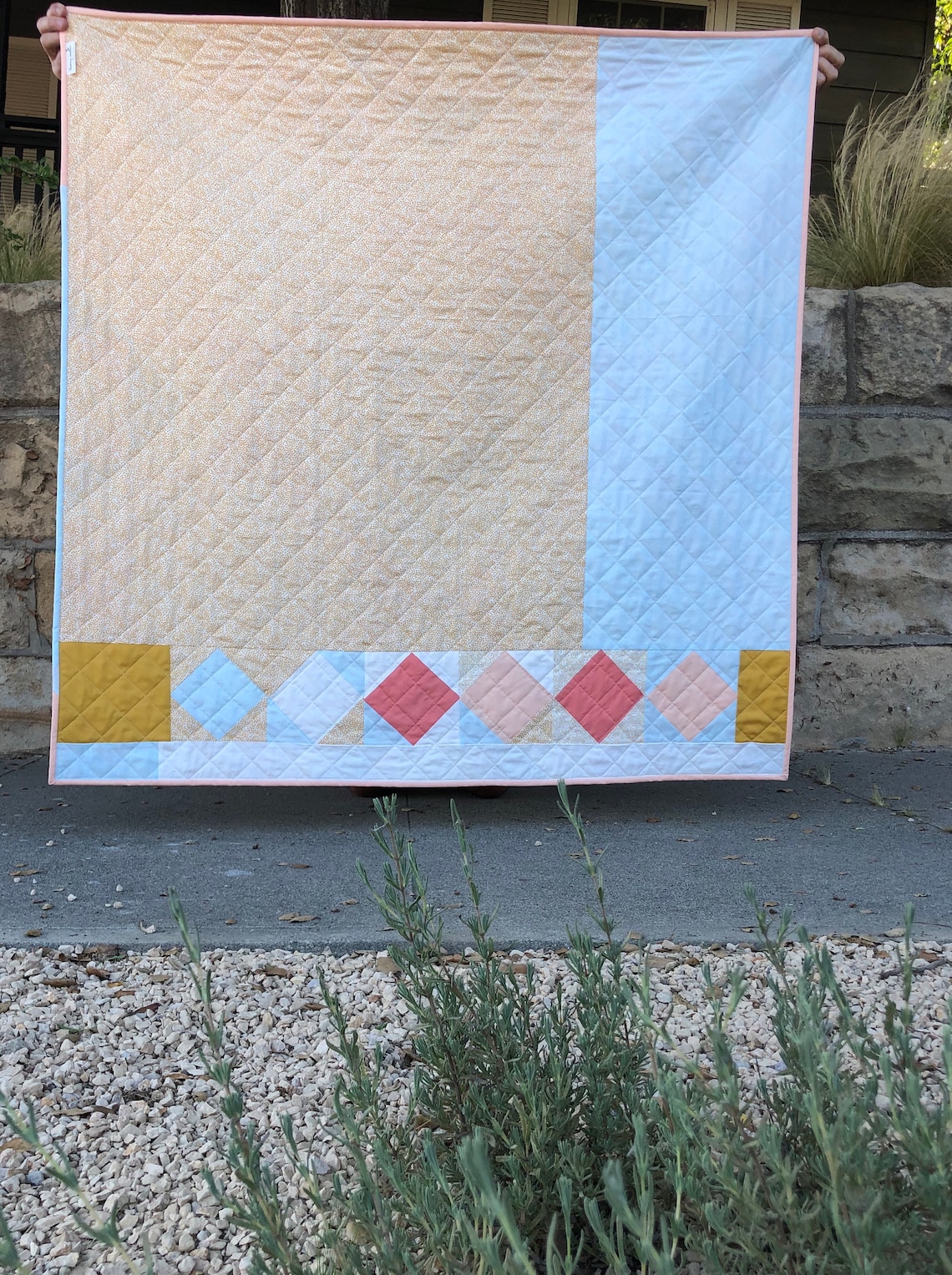Handmade Cotton Lap Quilt: Peach, Coral, and Yellow Crib Quilt (48x48 ...