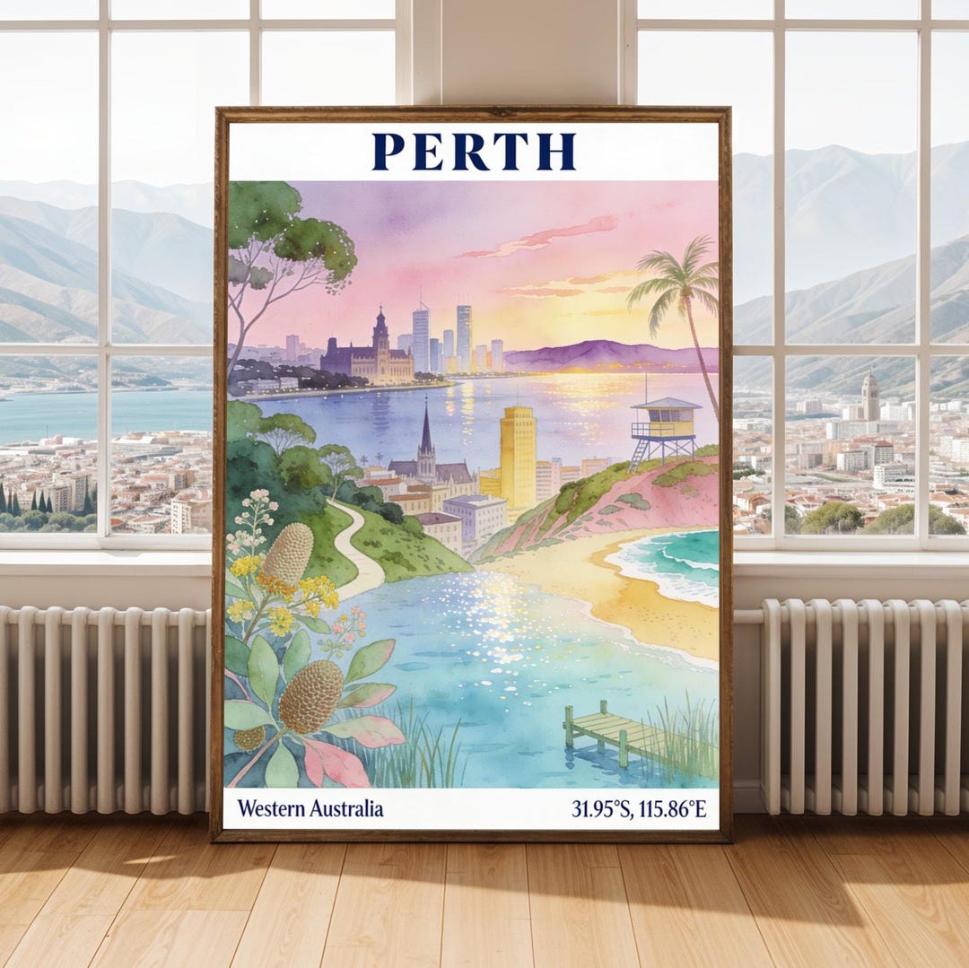 Perth Art Print – Watercolor Cityscape Poster, Pink Sunset and Blue ...