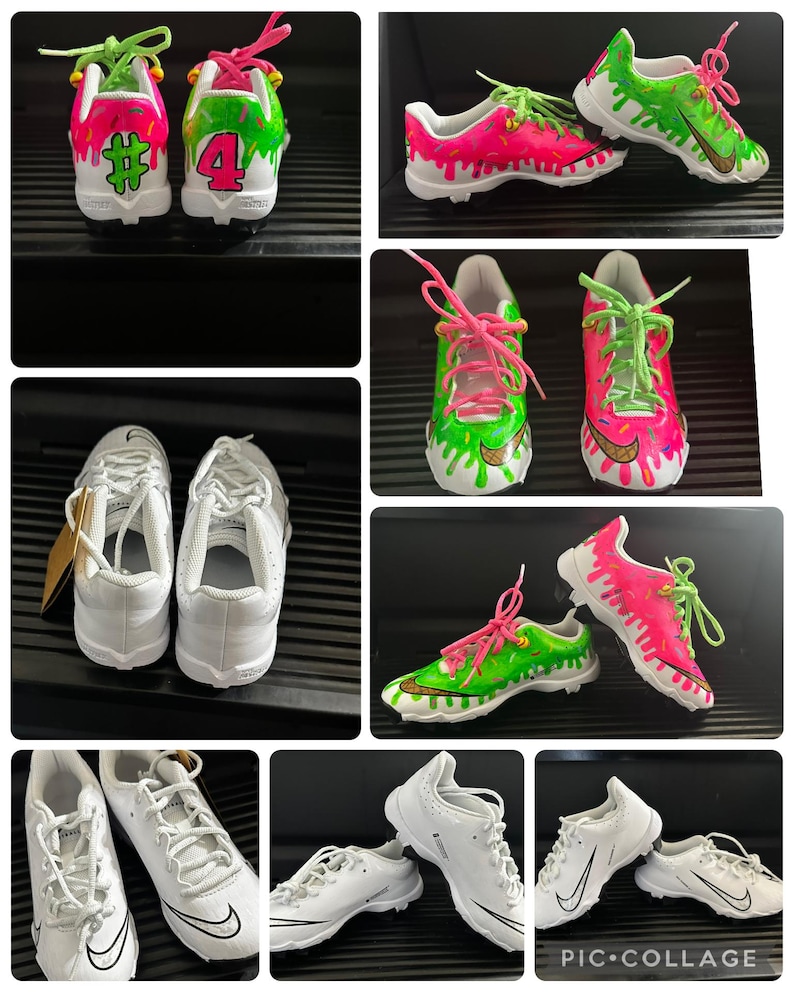 Custom Neon Green & Pink Softball Cleats | Hand-painted Drip Design by ...