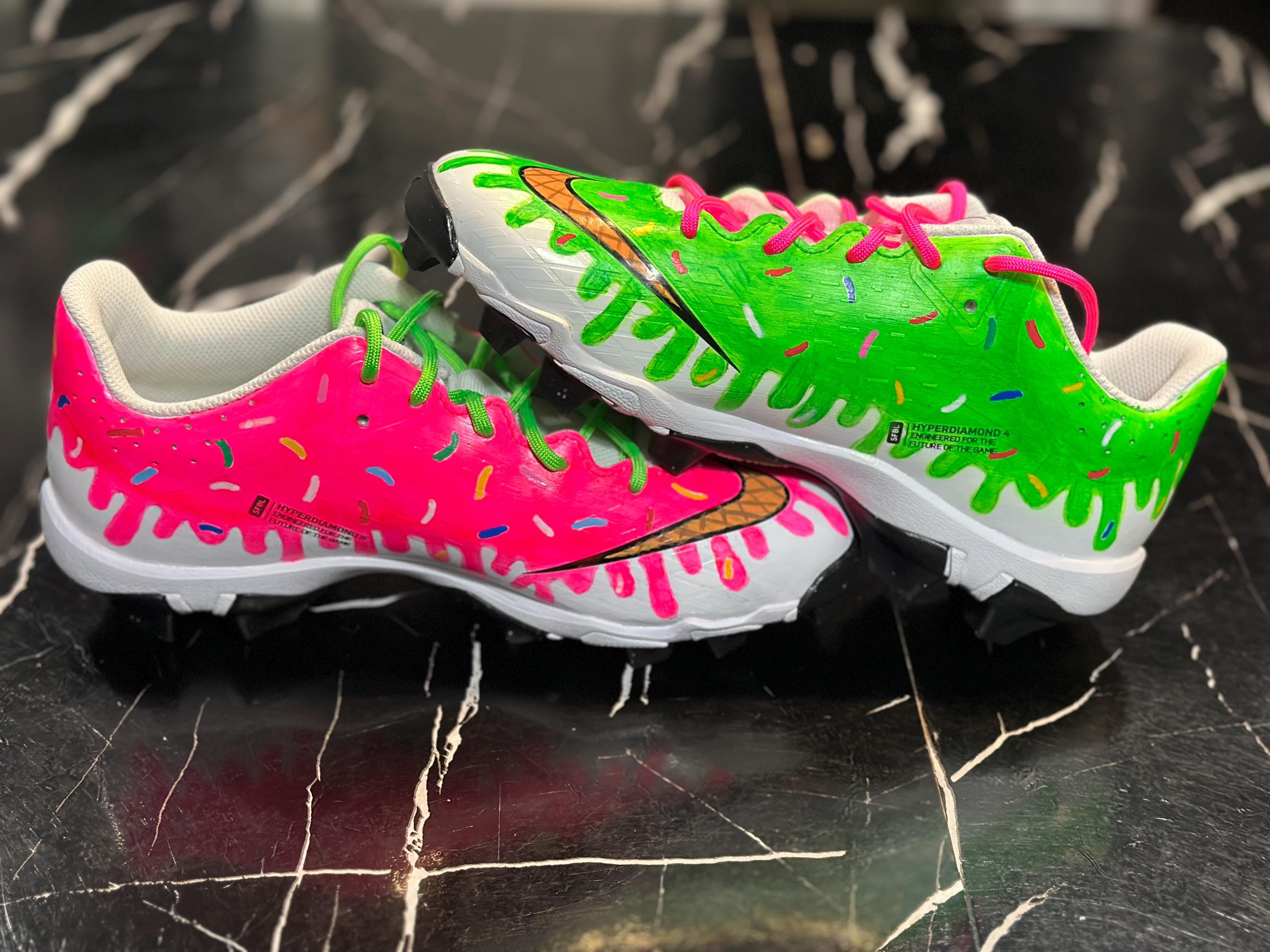 Custom Neon Green & Pink Softball Cleats | Hand-painted Drip Design by ...