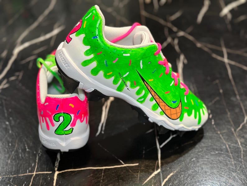 Custom Neon Green & Pink Softball Cleats | Hand-painted Drip Design by ...