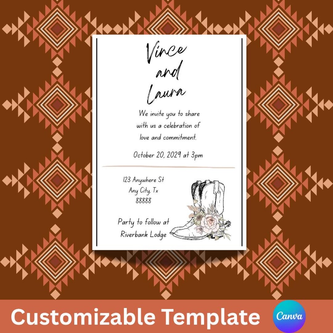 Rustic Western Wedding Invitation Template, Customizable Canva (digital ...