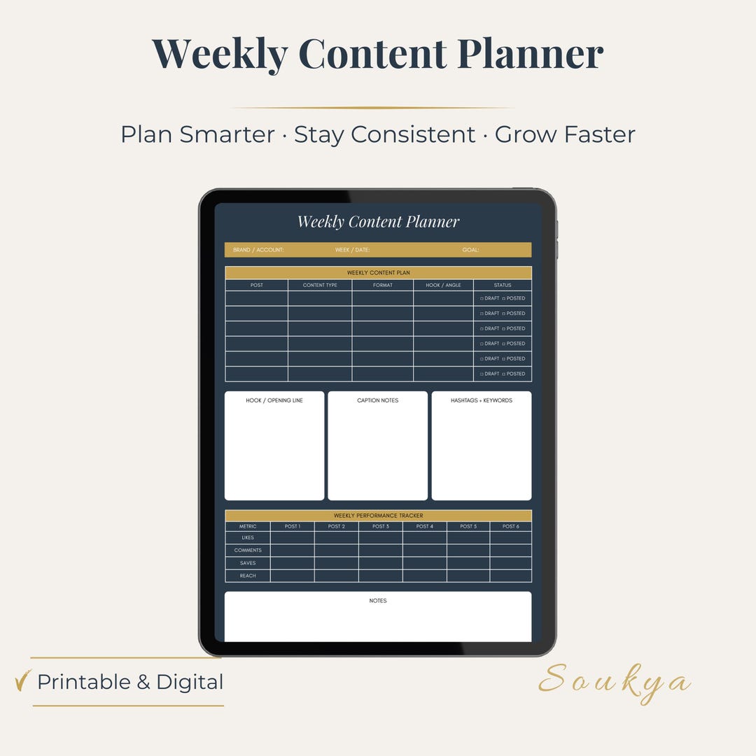 Weekly Social Media Planner | Content Organizer (printable & Digital ...