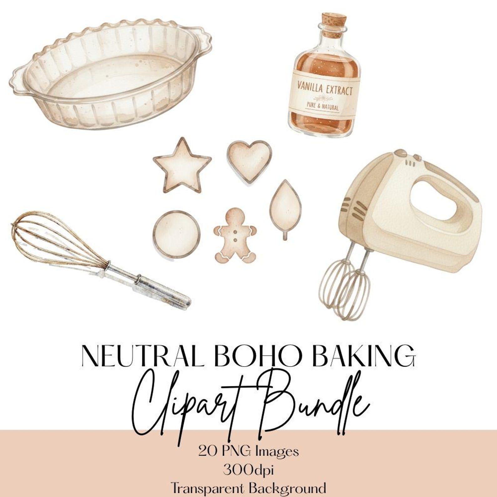 Neutral Boho Baking Clipart Set, Bakery Clipart, Watercolor Baking PNG ...