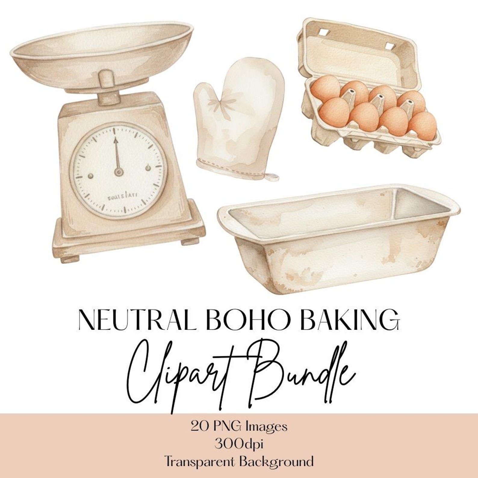 Neutral Boho Baking Clipart Set, Bakery Clipart, Watercolor Baking PNG ...