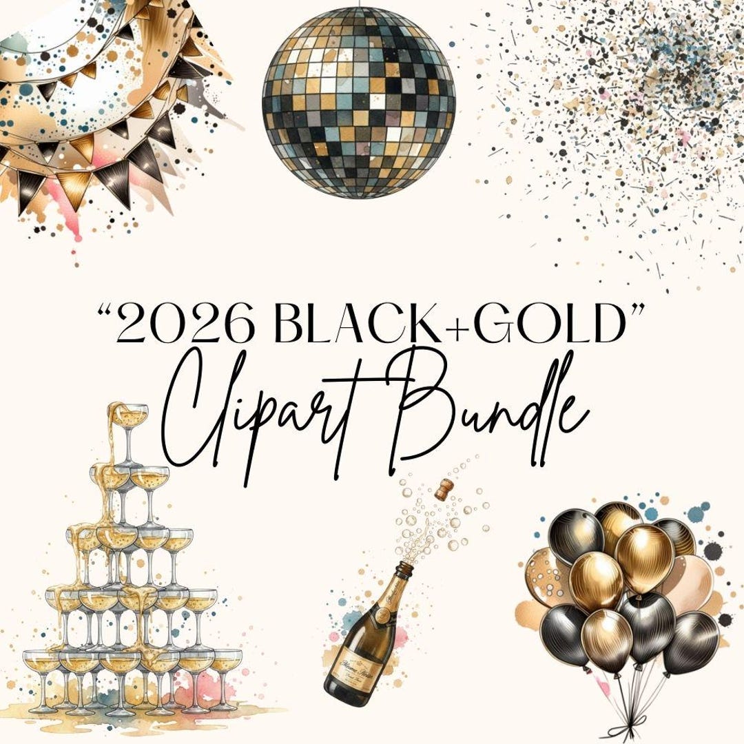 New Year Watercolor Clipart, Black and Gold 2026 PNG, New Years Party ...