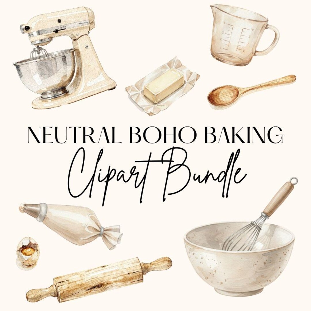 Neutral Boho Baking Clipart Set, Bakery Clipart, Watercolor Baking PNG ...