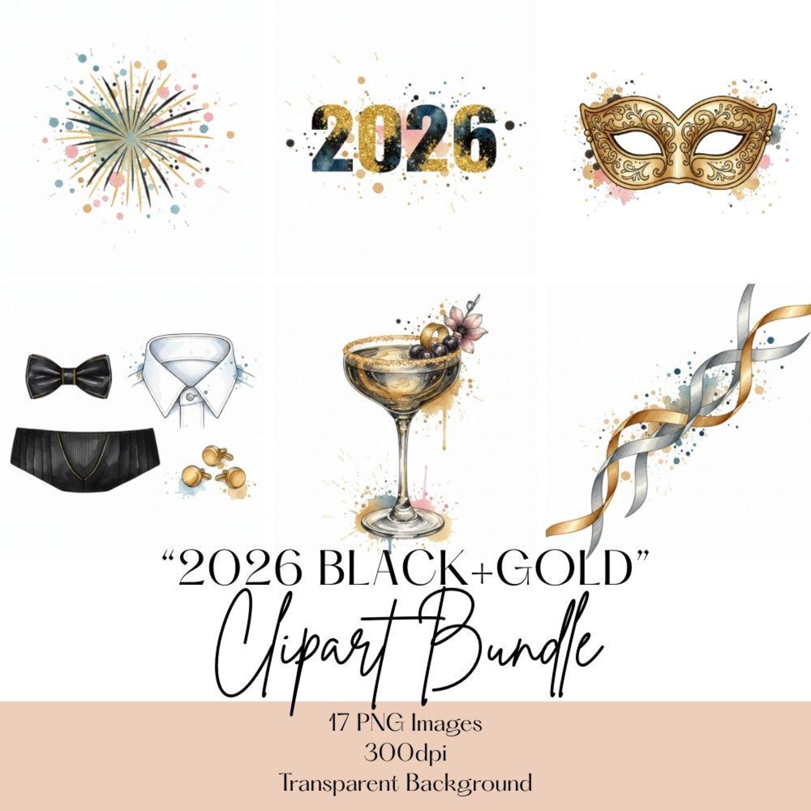 New Year Watercolor Clipart, Black and Gold 2026 PNG, New Years Party ...