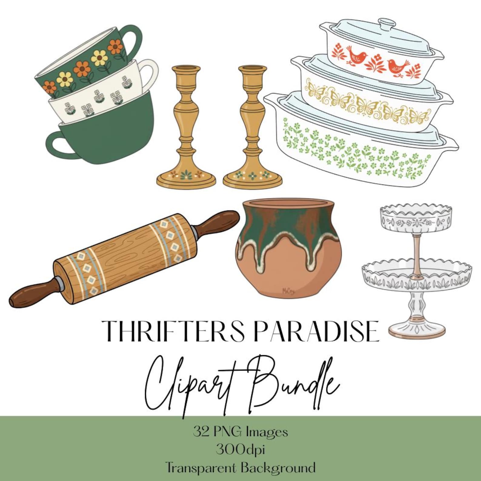 Vintage Items Clipart Set, Thrift Store Finds Clipart, Antique Shop PNG ...