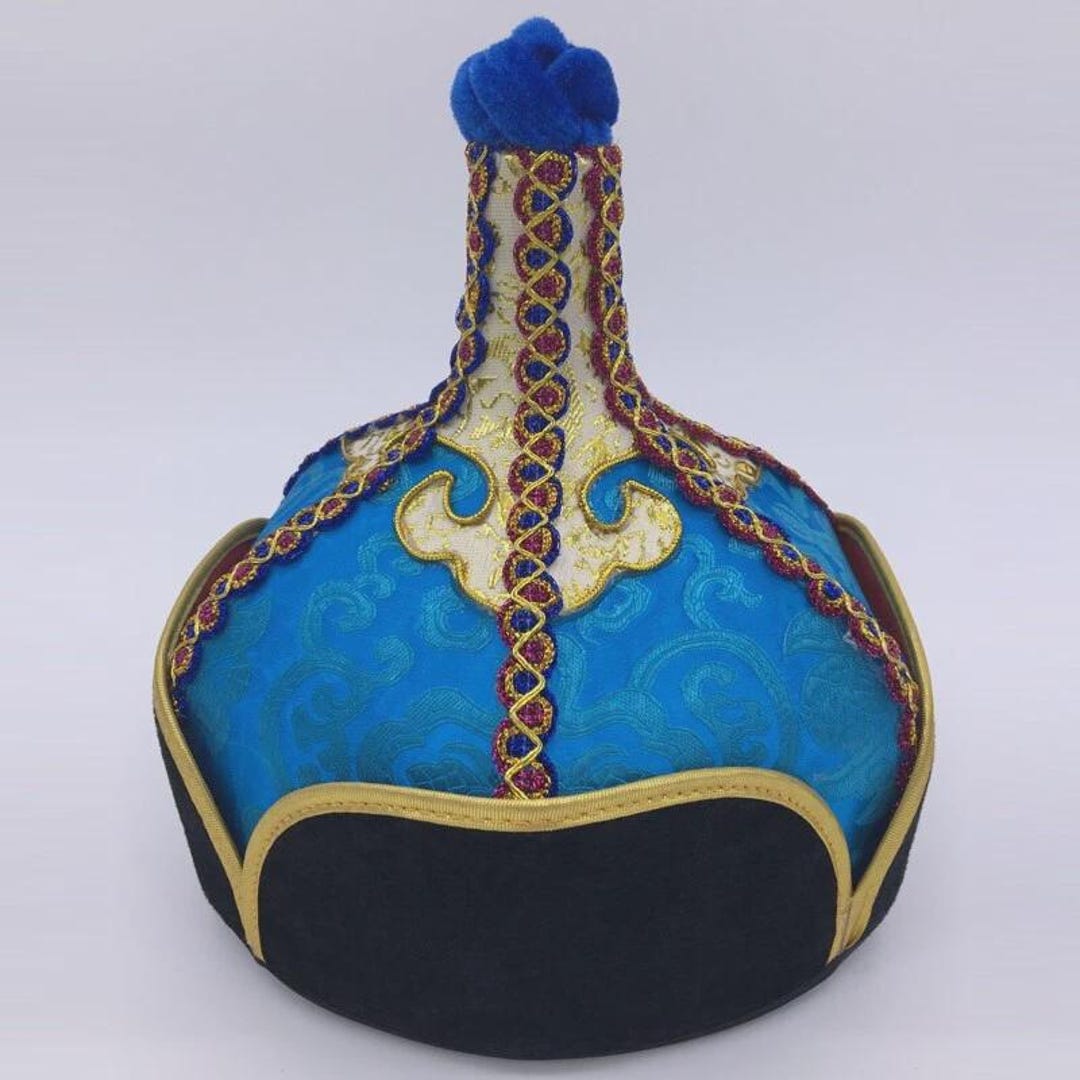 Blue Vintage Mongolian Hat – Traditional Nomad Wool Cap With Gold ...