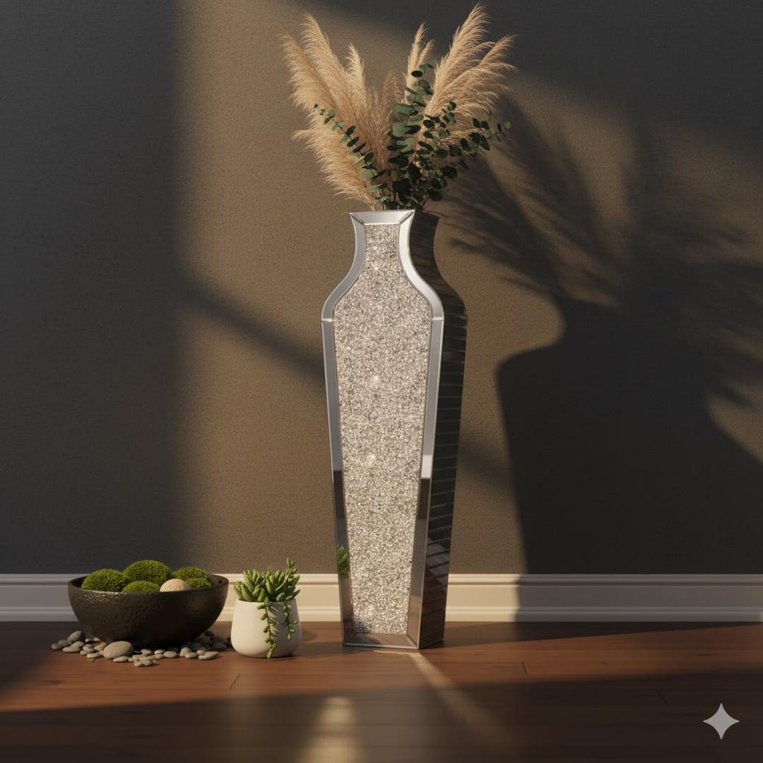 Tall Crystal Floor Vase With LED Lights | Modern Mirrored Decorative ...