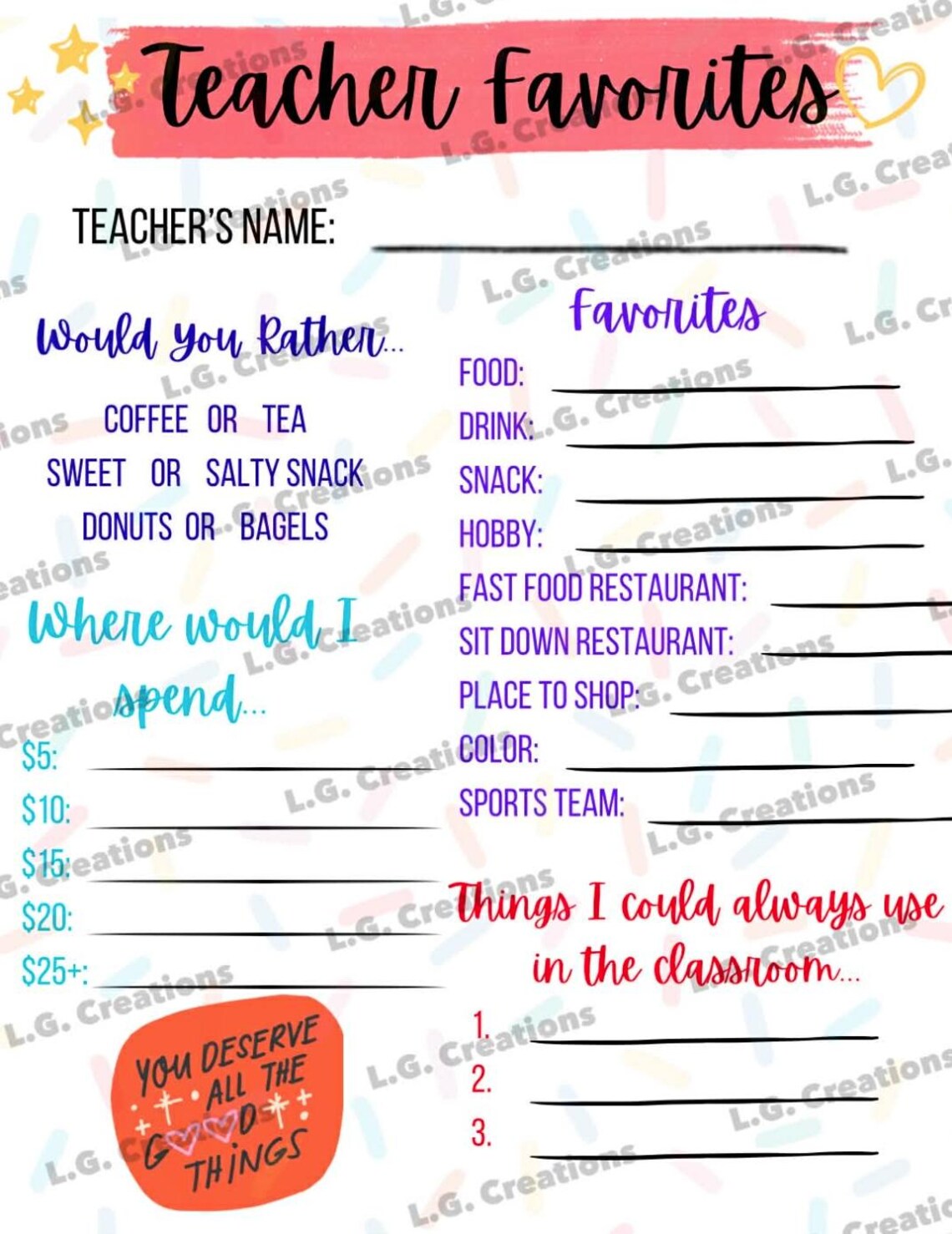Teacher Favorite Things Gift Wishlist Fill in the Blanks - DIGITAL ...