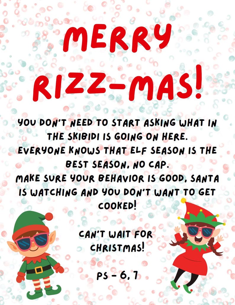 Elf Letter Rizzmas, No Cap, Cooked, Skibidi, 6 7 - Two Elves - DIGITAL ...