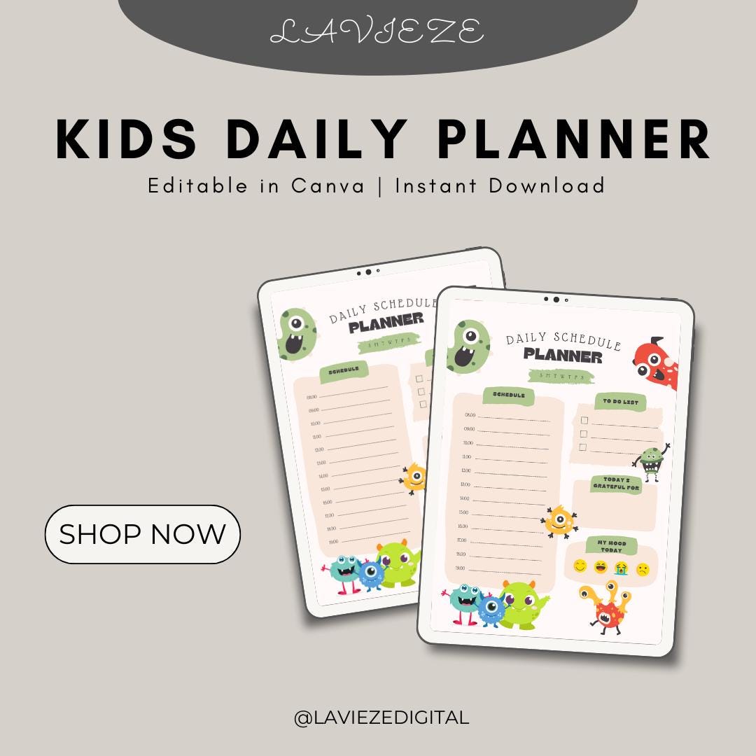 Editable Kids Daily Planner Printable | Canva Template | Monster ...