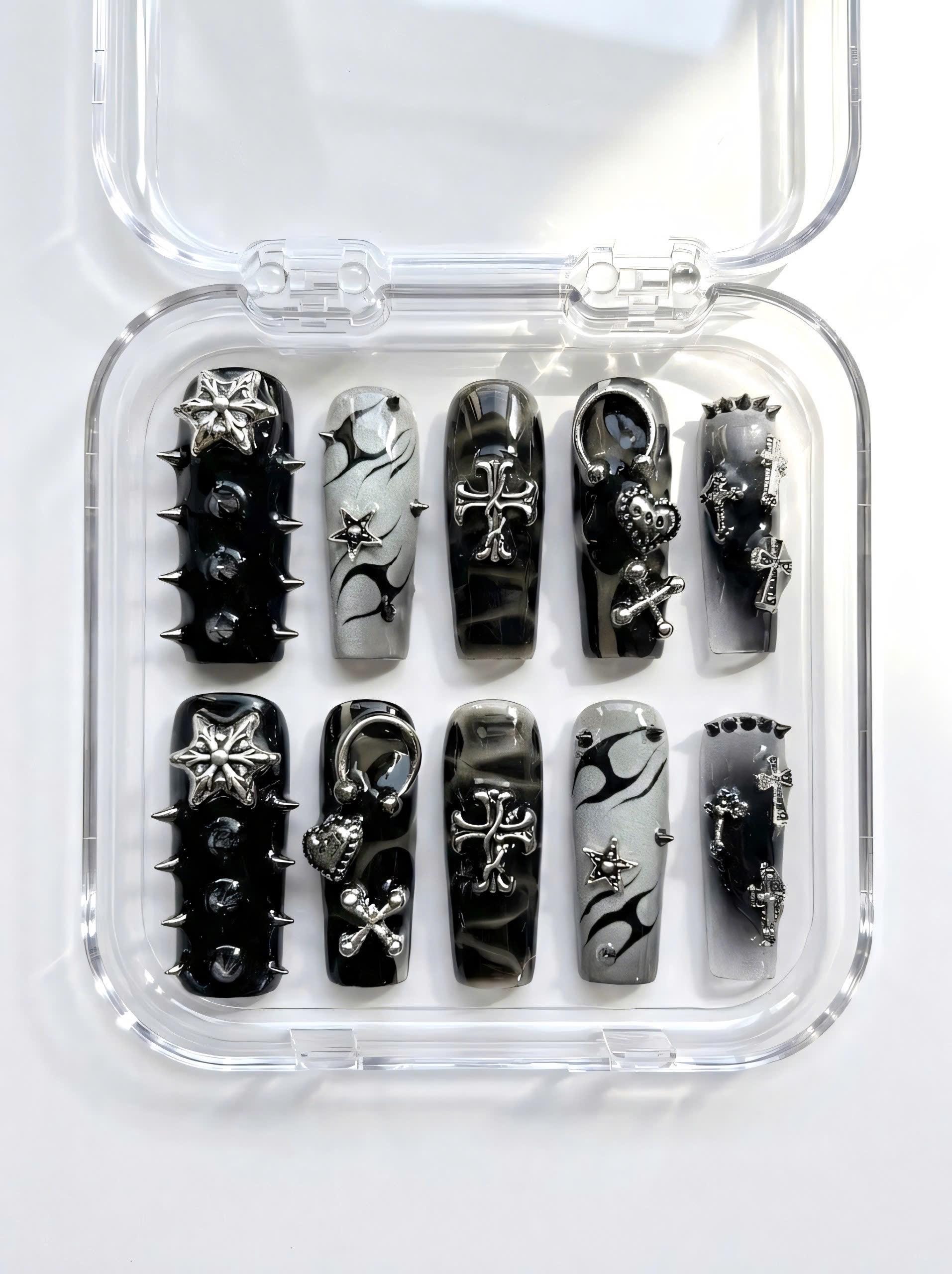 Gothic Black Silver 3D Press on Nails | Punk Spikes Cross Set | Edgy ...