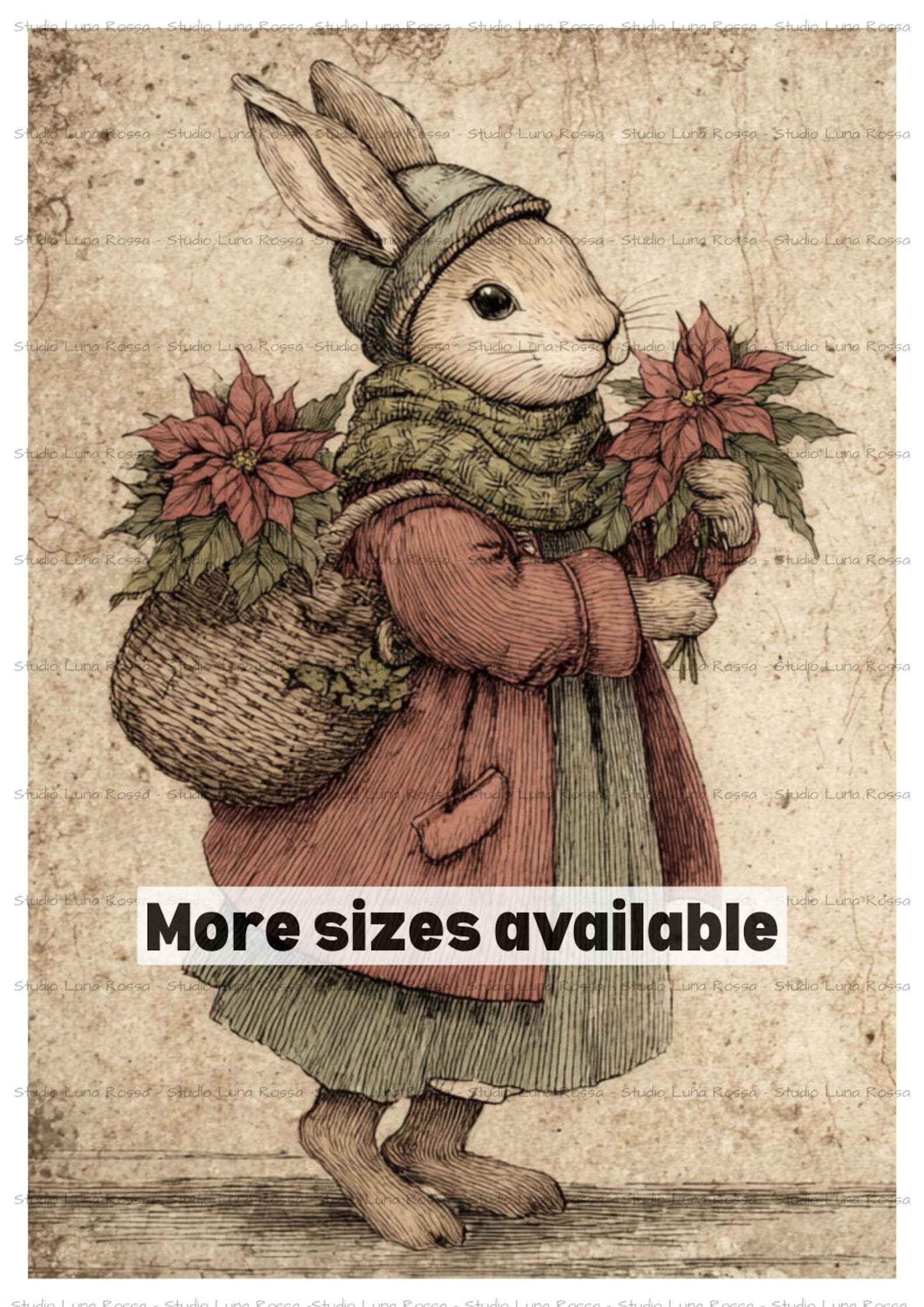 Vintage Christmas Rabbit With Poinsettias #01 Decoupage Rice Paper A4 ...
