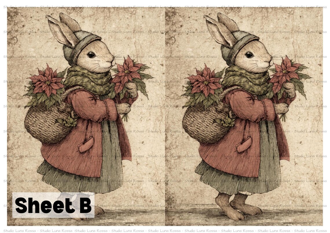 Vintage Christmas Rabbit With Poinsettias #01 Decoupage Rice Paper A4 ...