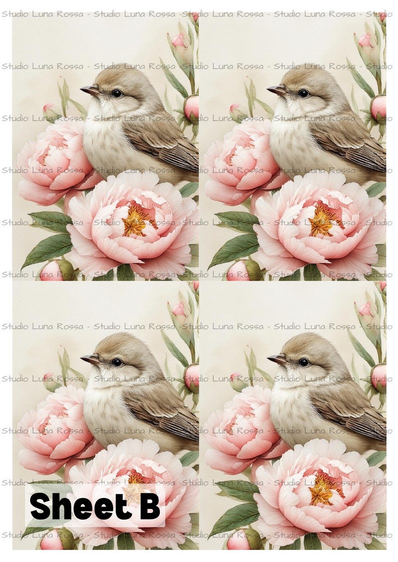 Bird and Flowers Decoupage Rice Paper A4, Bird Nestled in Peonies ...