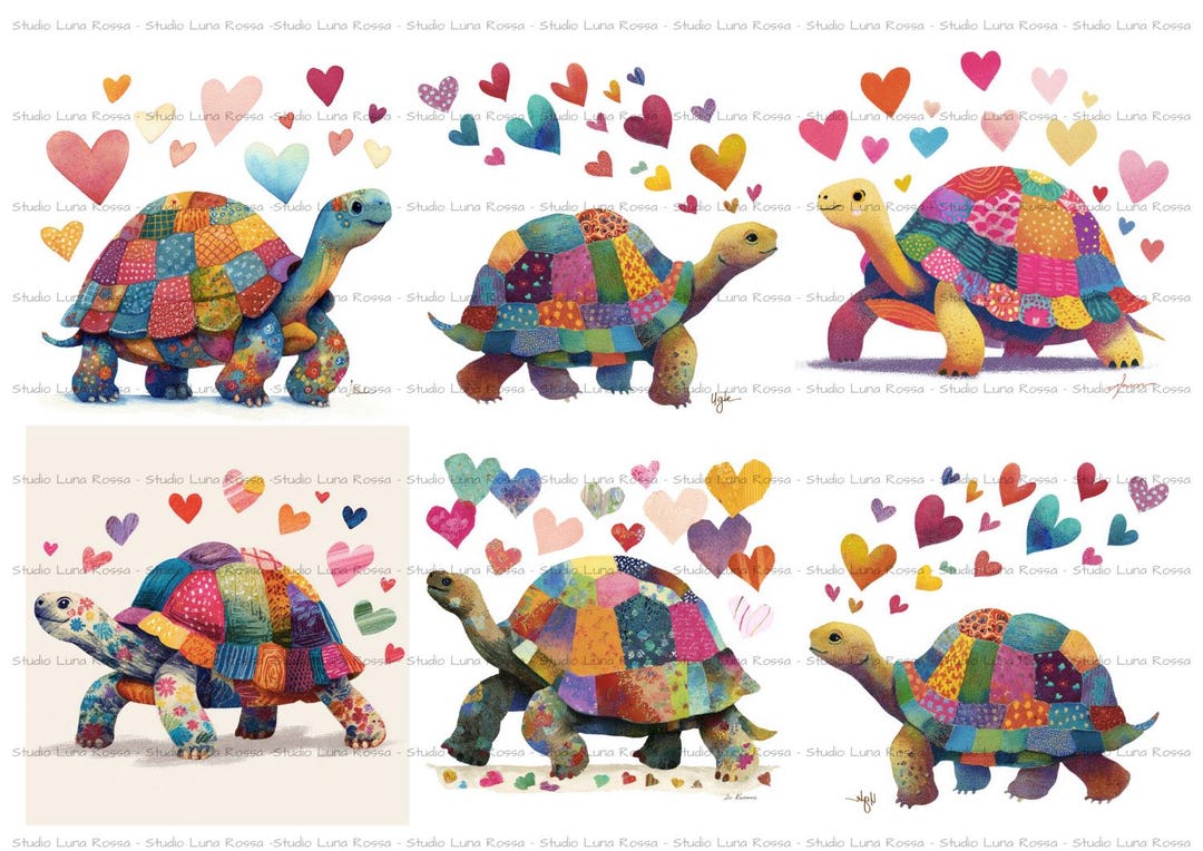 Valentine Turtle Decoupage Rice Paper A4, Patchwork Turtles With Hearts ...