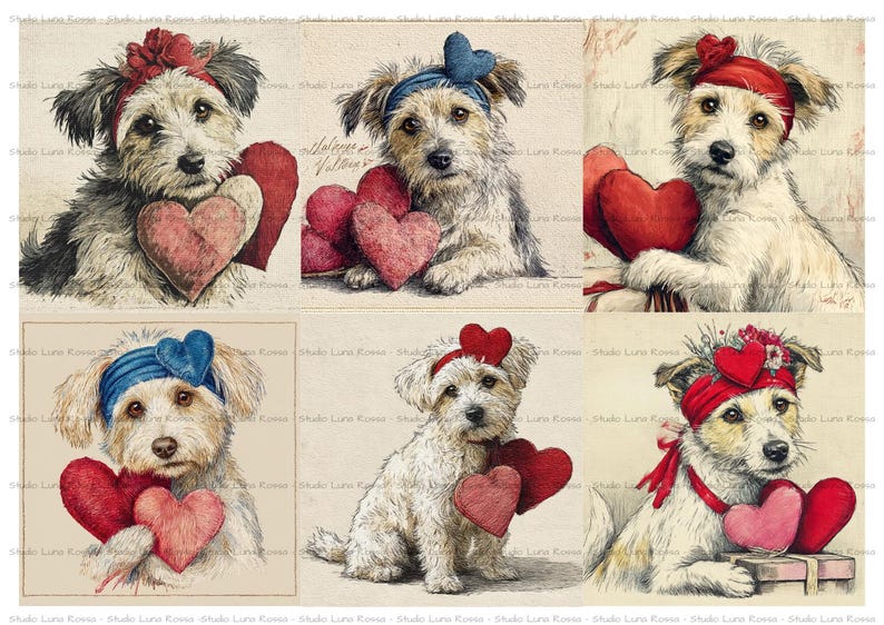 Vintage Valentine Dogs Decoupage Rice Paper A4, White Terrier Puppies ...