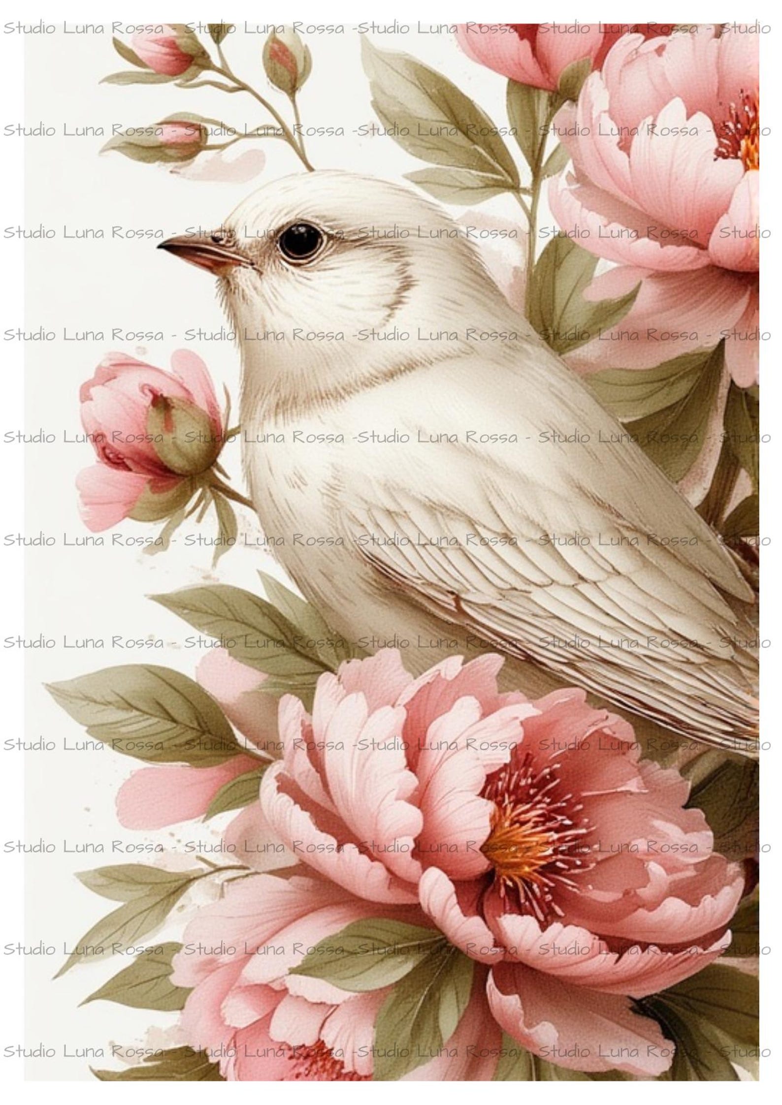 Bird and Flowers Decoupage Rice Paper A4, Bird Among Peonies, Dreamy ...