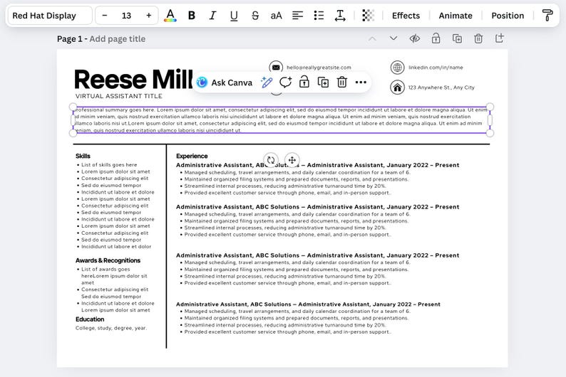 Editable Canva Resume Template | Modern Professional CV | Instant ...