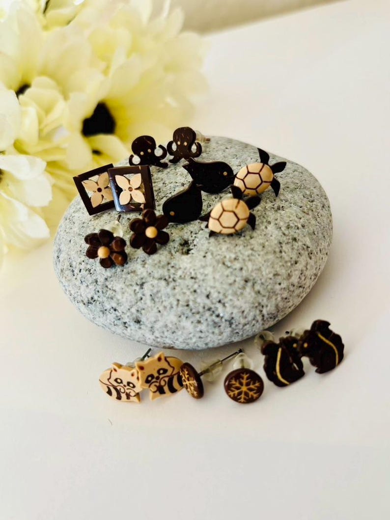 Bunny Stud Earrings – Natural Coconut Shell – Cute Rabbit – Eco ...