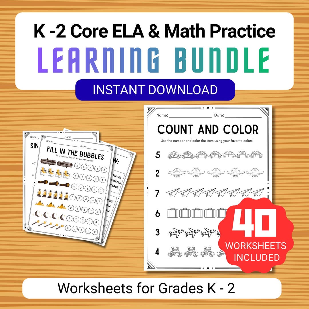 K -2 ELA English and Math Learning Worksheet Bundle, Early Elementary ...
