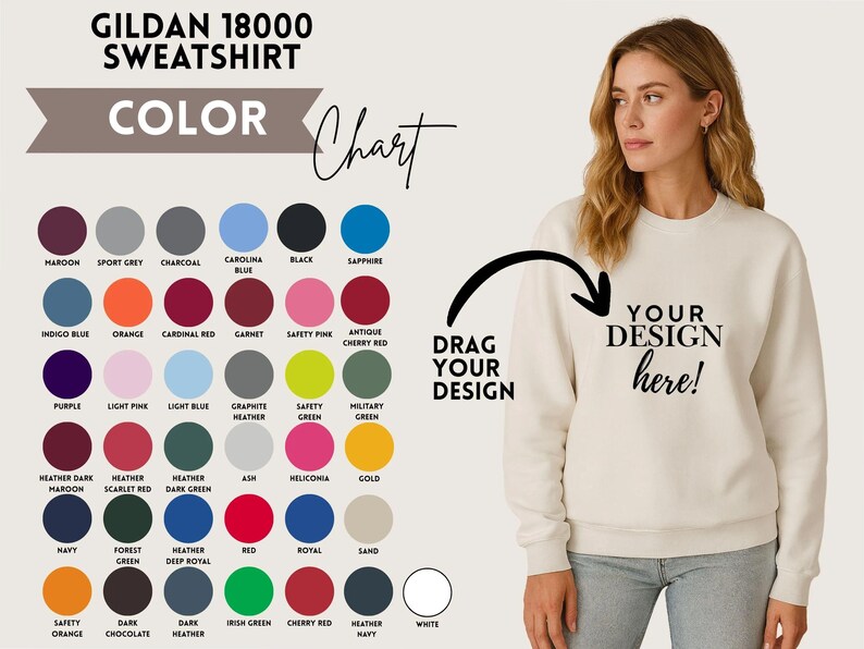 Gildan 18000 Color Chart Canva Templates | Unisex Sweatshirt Mockup ...