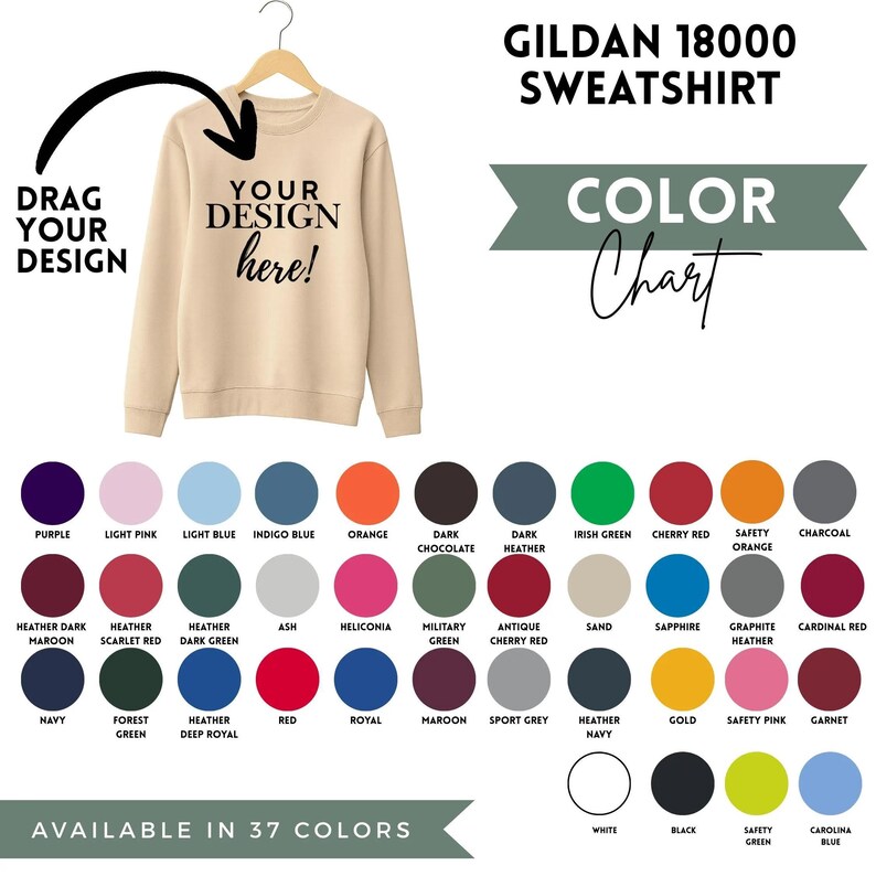 Gildan 18000 Color Chart Canva Templates | Unisex Sweatshirt Mockup ...