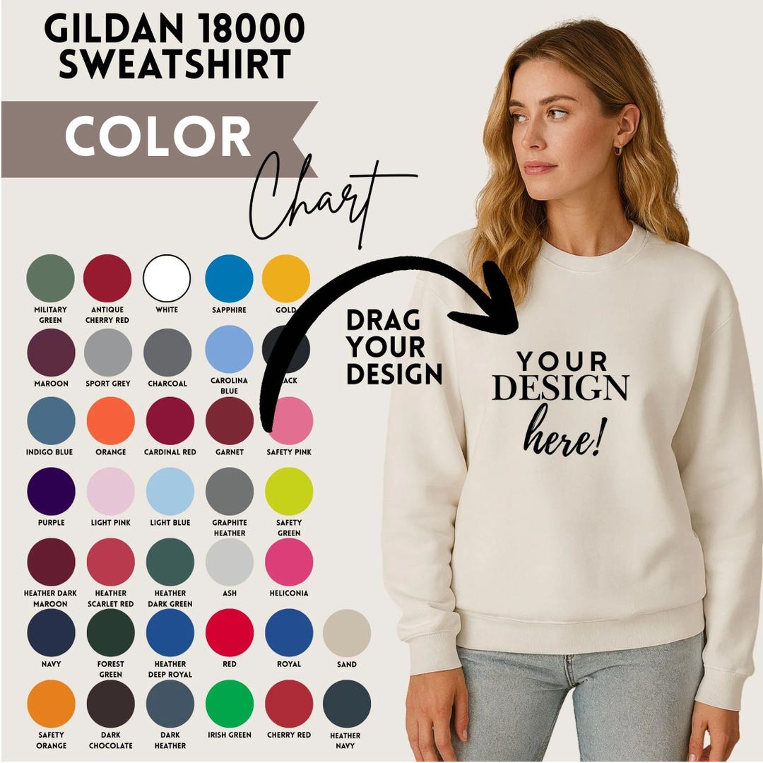 Gildan 18000 Color Chart Canva Templates | Unisex Sweatshirt Mockup ...