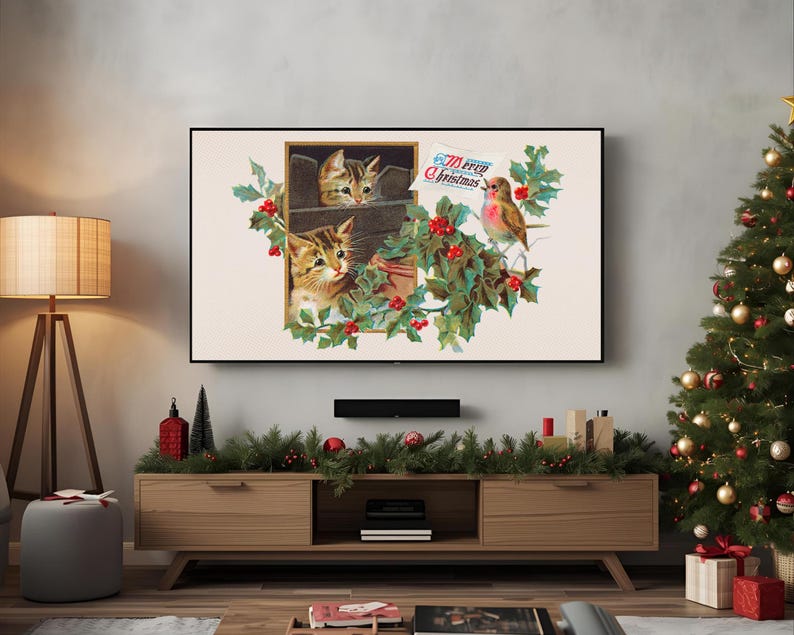Vintage Christmas Cats and Bird Frame TV Art 1911 Antique Holiday Decor ...
