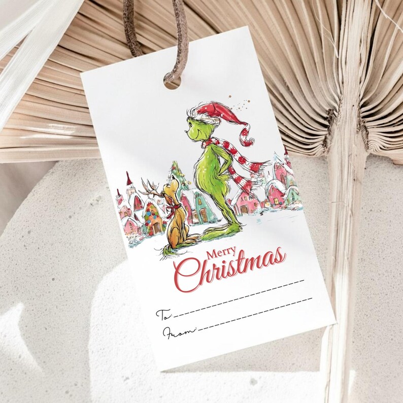 Green Grump Gift Tag Template, Editable Canva Christmas Label, Retro ...