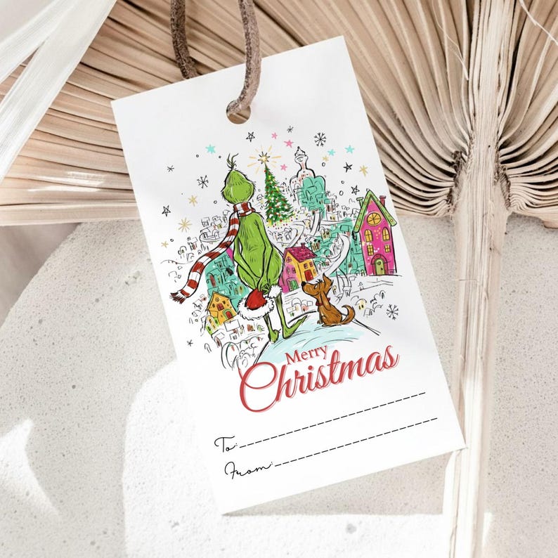 Green Grump Gift Tag Template, Editable Canva Christmas Label, Retro ...