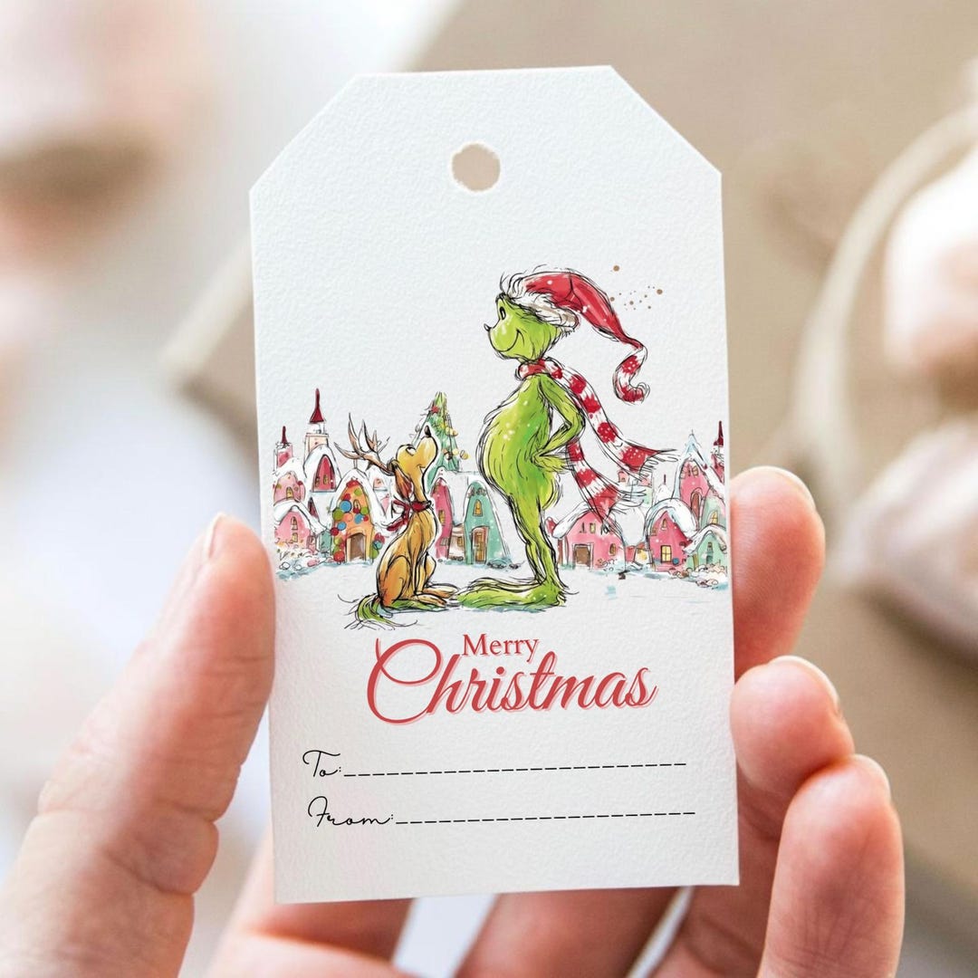 Green Grump Gift Tag Template, Editable Canva Christmas Label, Retro ...