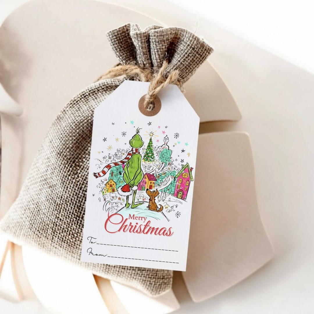 Green Grump Gift Tag Template, Editable Canva Christmas Label, Retro ...
