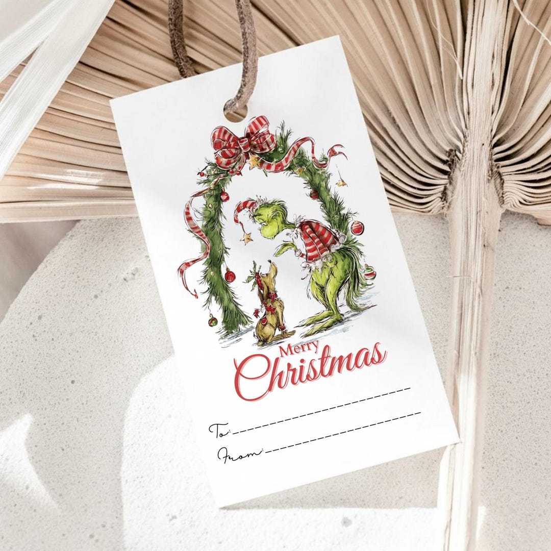 Green Grump Gift Tag Template, Editable Canva Christmas Label, Retro ...