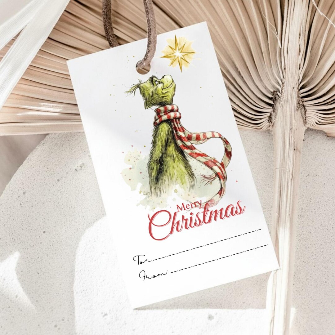 Green Grump Gift Tag Template, Editable Canva Christmas Label, Retro ...