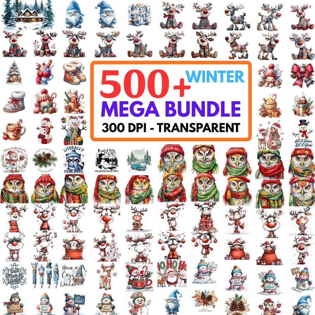 Winter Mega Bundle PNG: 500+ Snowman, Reindeer, Penguin Clipart ...