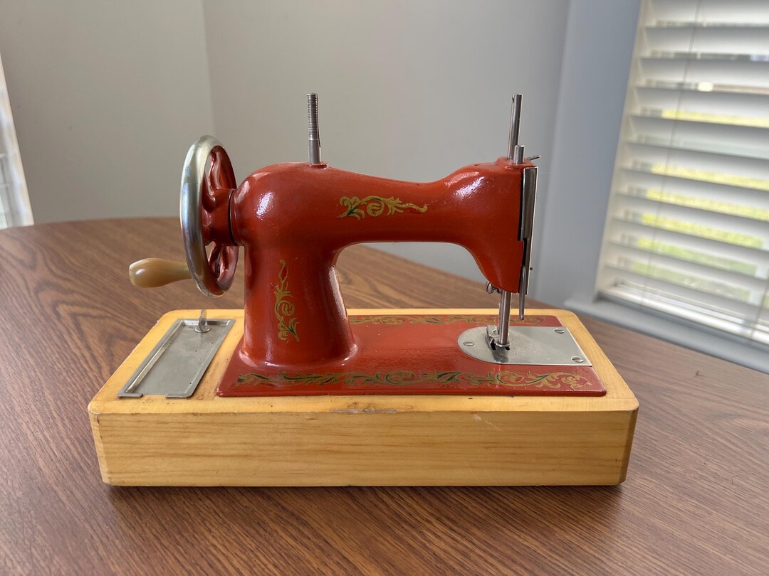 Vintage USSR Toy Sewing Machine | Red Metal, Wooden Base | Working ...
